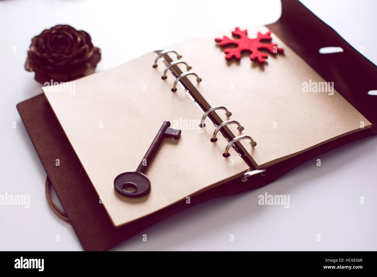 Vintage Notebook of leather cover with antique key Stock Photo - Alamy