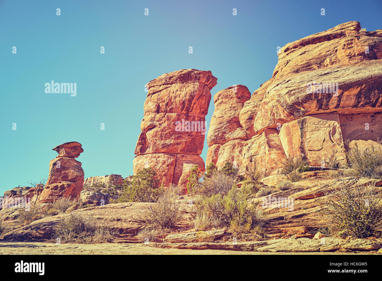 Retro toned Devils Kitchen rock formations in the Colorado National ...