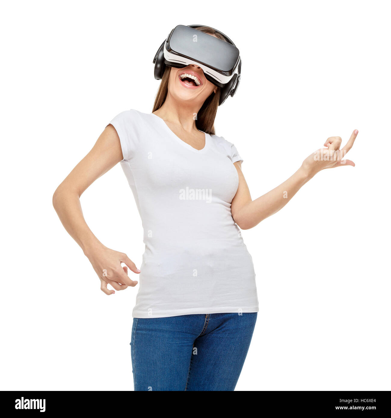 Woman with virtual reality goggles Stock Photo - Alamy
