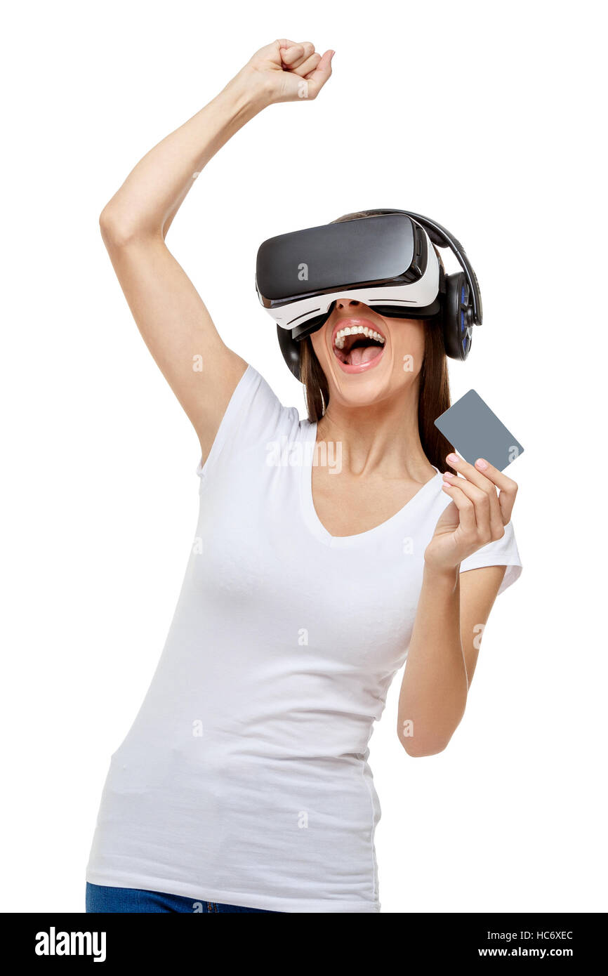 Woman with virtual reality goggles Stock Photo - Alamy