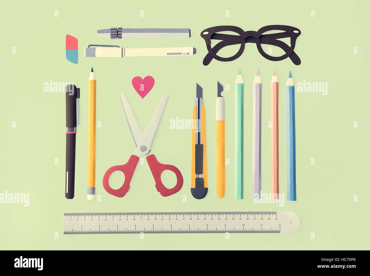 Pen Color Pencil Scissor Eraser Ruler Eyeglasses Concept Stock Photo ...