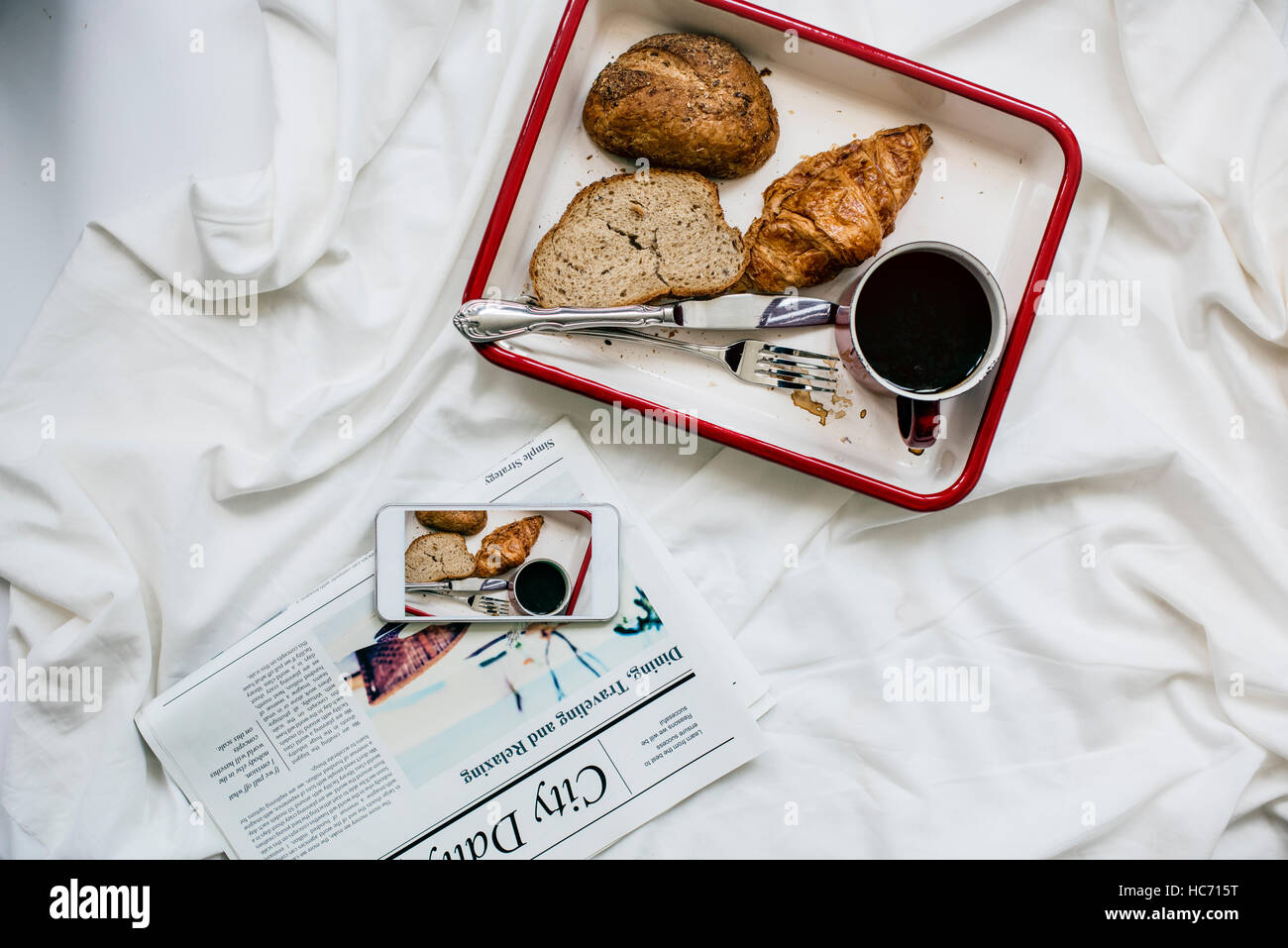 Coffee Americano Espresso Newspaper Breakfast in Bed Concept Stock ...