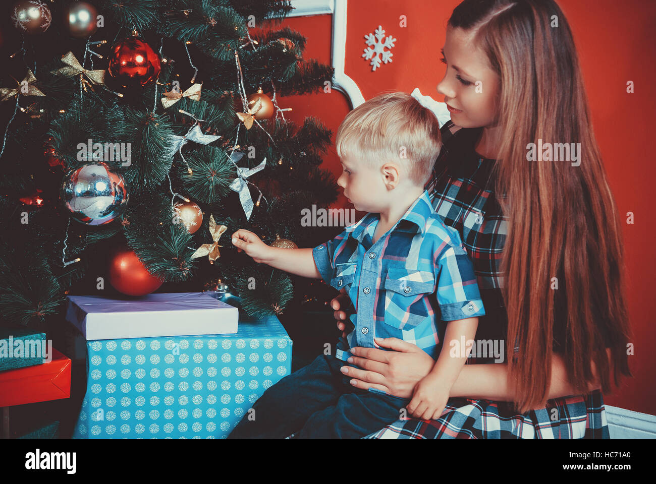 beautiful portrait of happy mother and son on the background of the ...