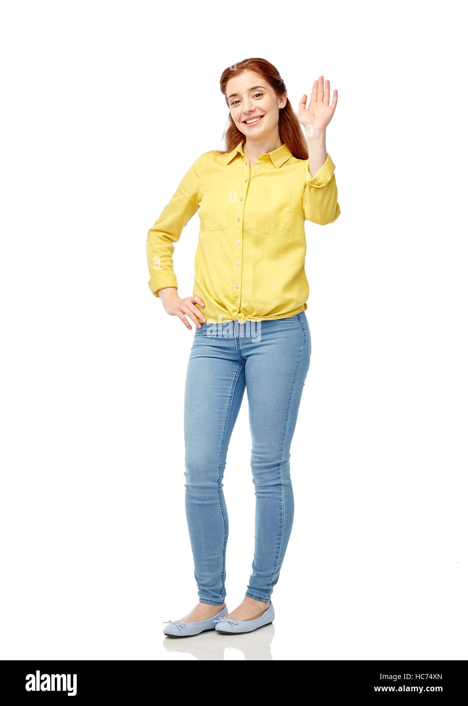 happy smiling woman waving hand over white Stock Photo - Alamy