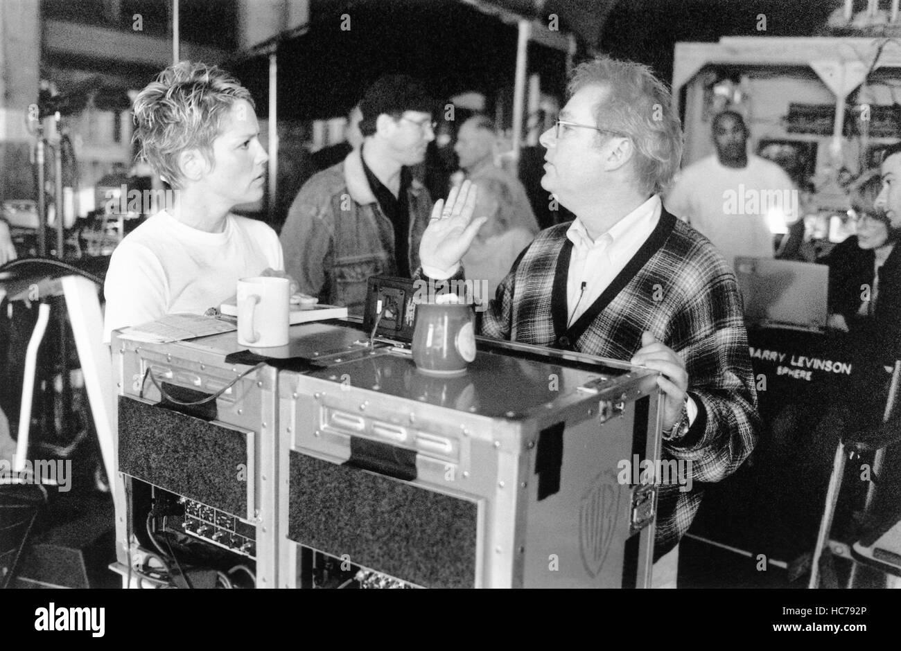 SPHERE, from left: Sharon Stone, director Barry Levinson, on set, 1998 ...