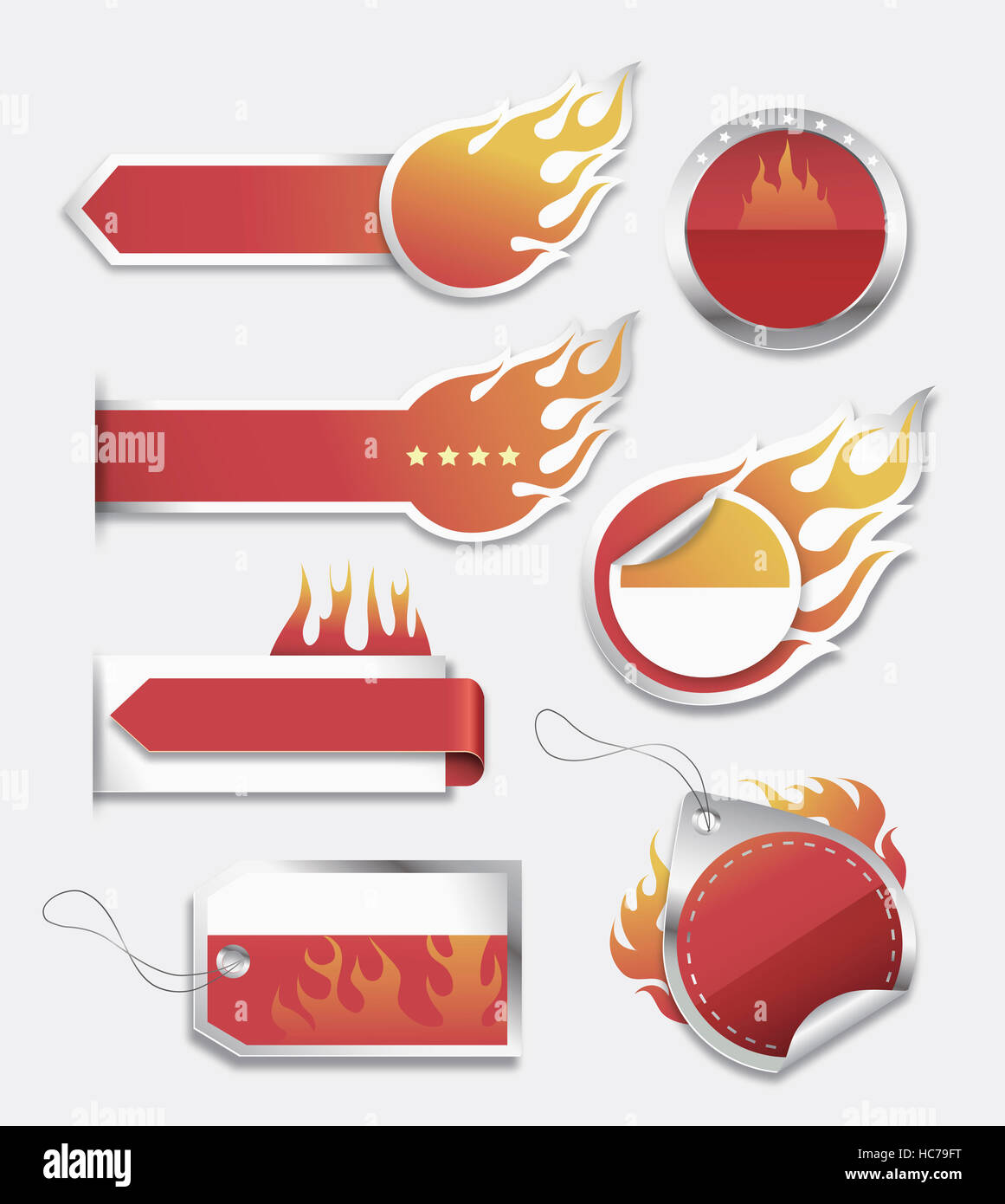 Various labels and tags with flames Stock Photo - Alamy