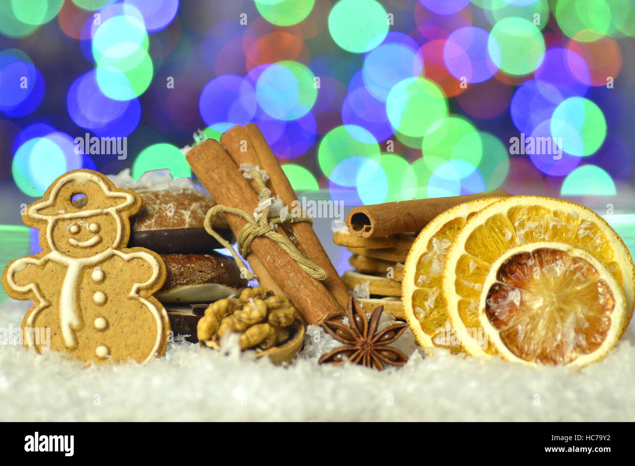christmas food on the snow on bokeh background Stock Photo - Alamy
