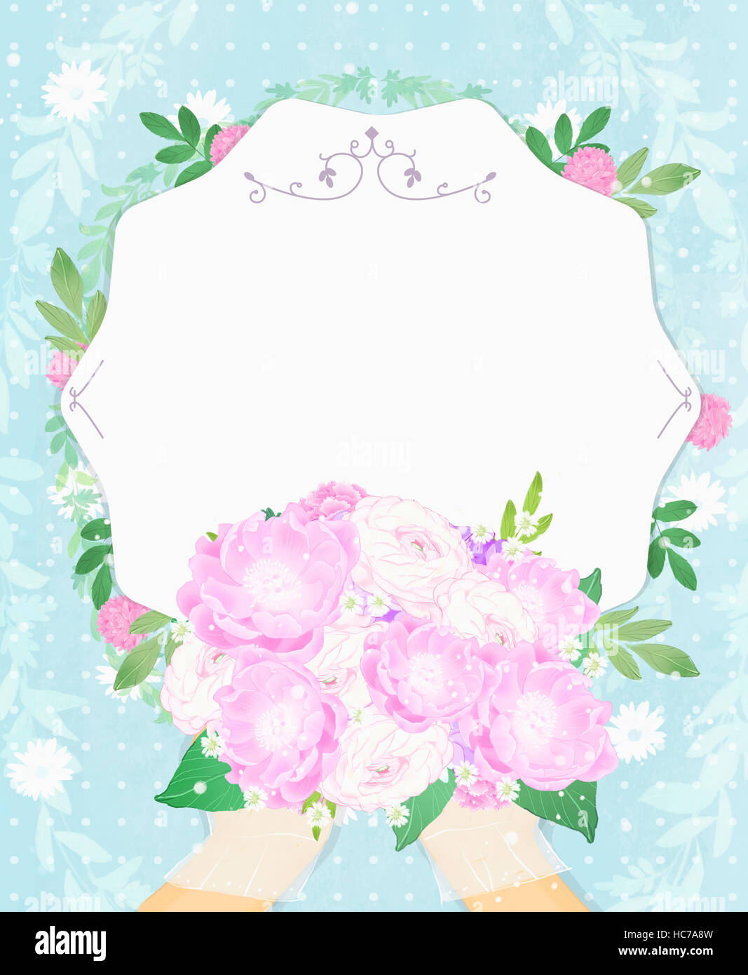 Invitation card with hands holding flowers Stock Photo - Alamy