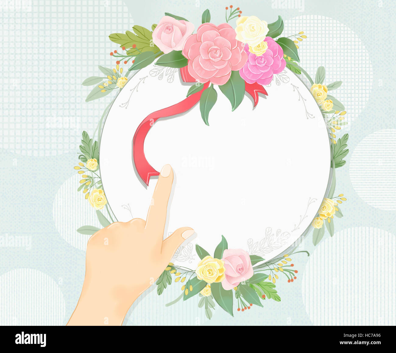Hand pointing to a frame with flowers Stock Photo - Alamy