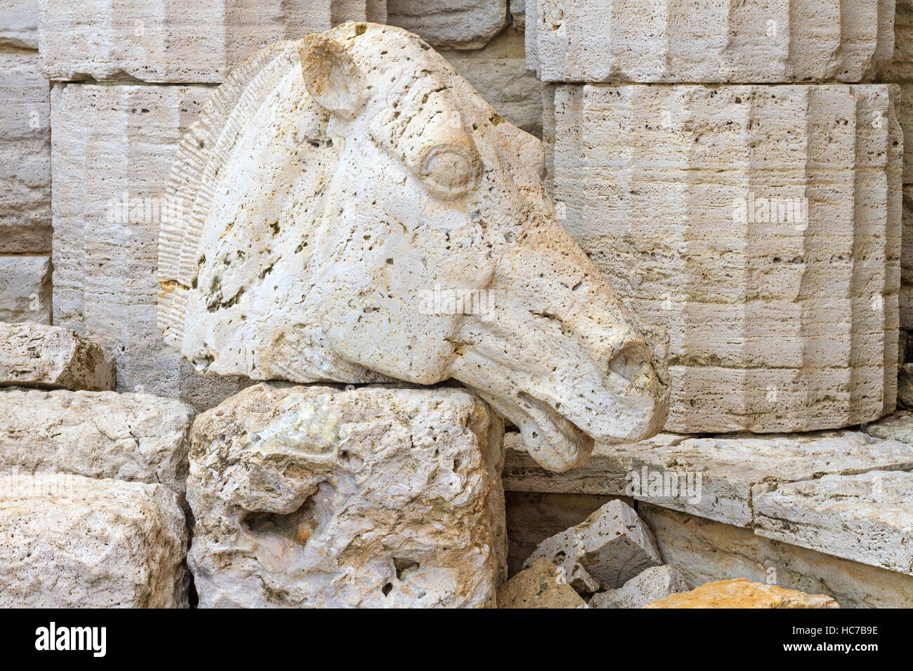 horse's head made of granite and ancient Greek columns,Trojan horse ...