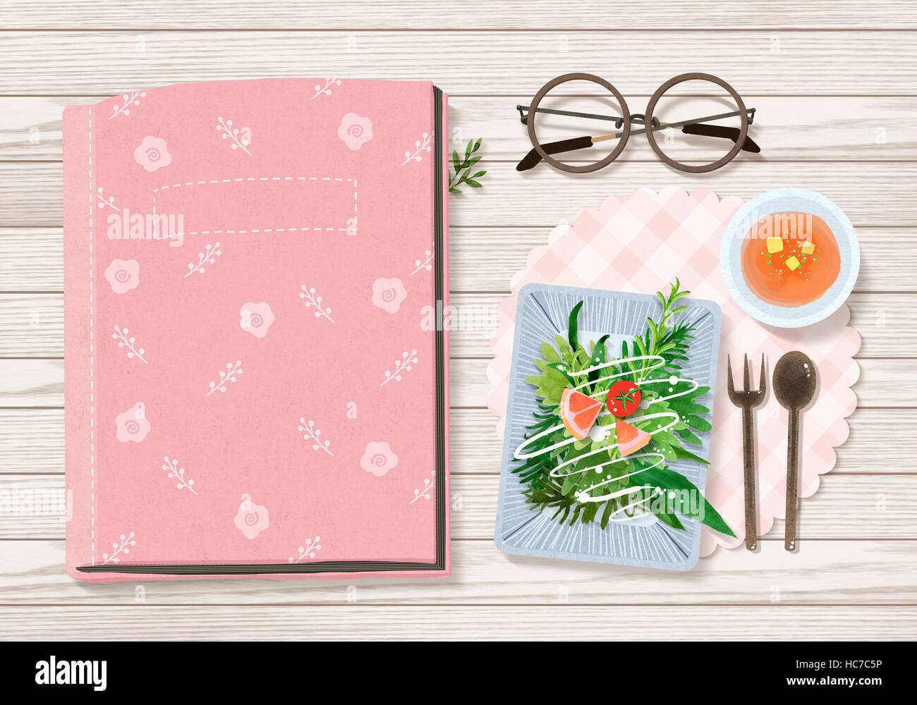 Magazine and food on table Stock Photo - Alamy