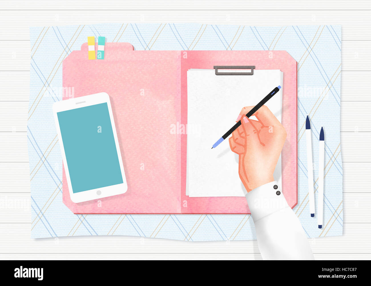 Hand holding a pen on a file with smartphone and ballpoint pens Stock ...