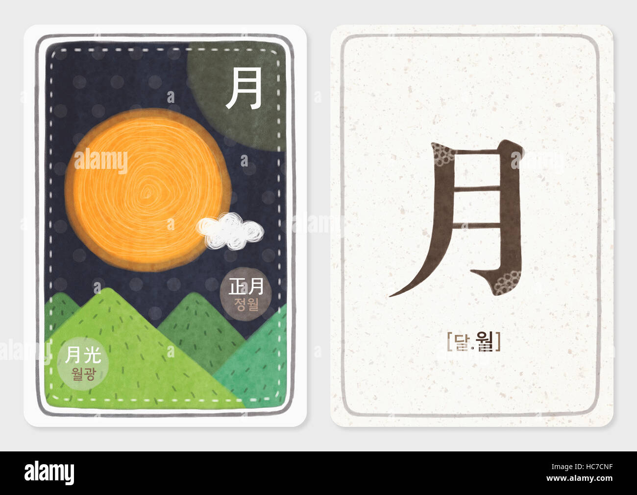Word cards with illustration and Chinese letter for the moon Stock ...