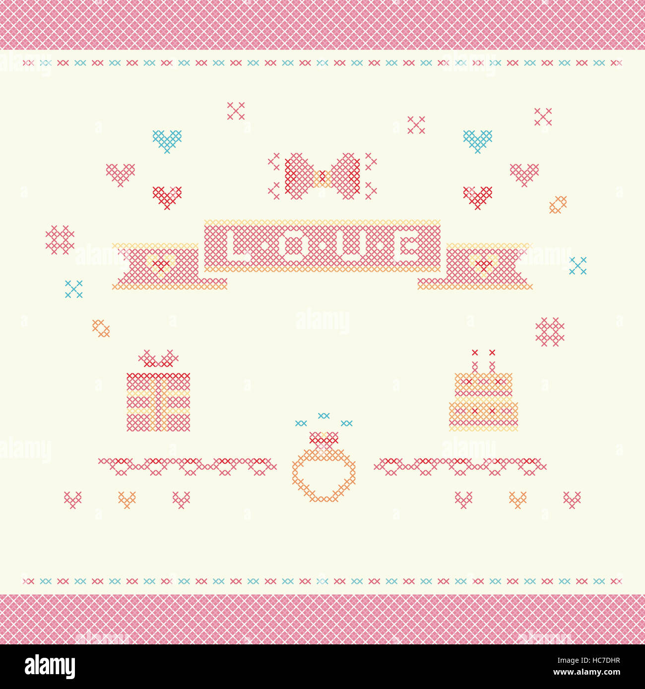 Wedding invitation card with cross stitch pattern Stock Photo - Alamy