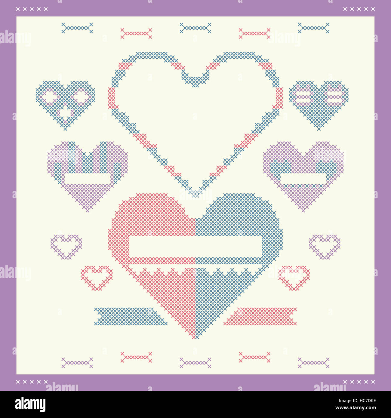 Card with cross stitch heart patterns Stock Photo - Alamy
