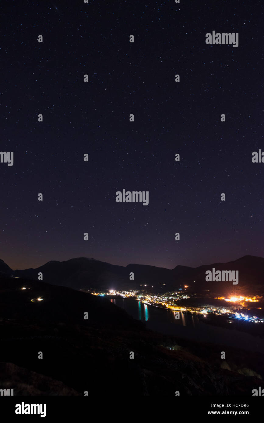 Clear night sky with stars over Llanberis and Mount Snowdon in ...