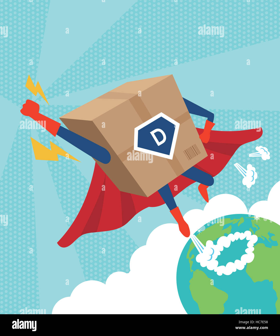 Illustration of personified delivery box as a super man Stock Photo - Alamy