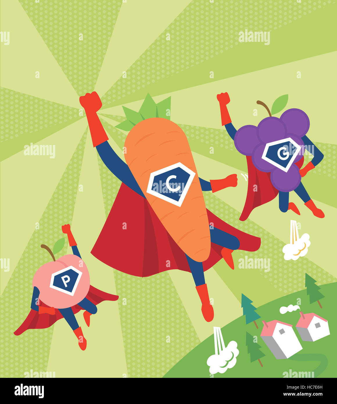 Fruits and vegetable personified as super heroes Stock Photo - Alamy