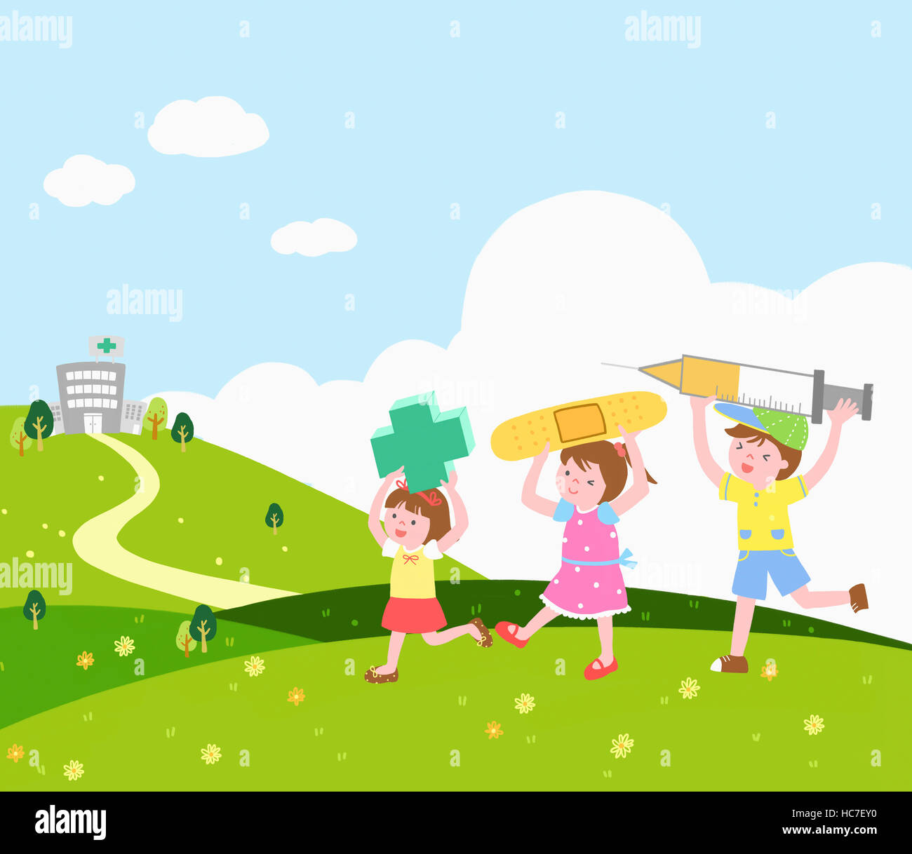 Smiling children with green cross, bandage and a shot Stock Photo - Alamy