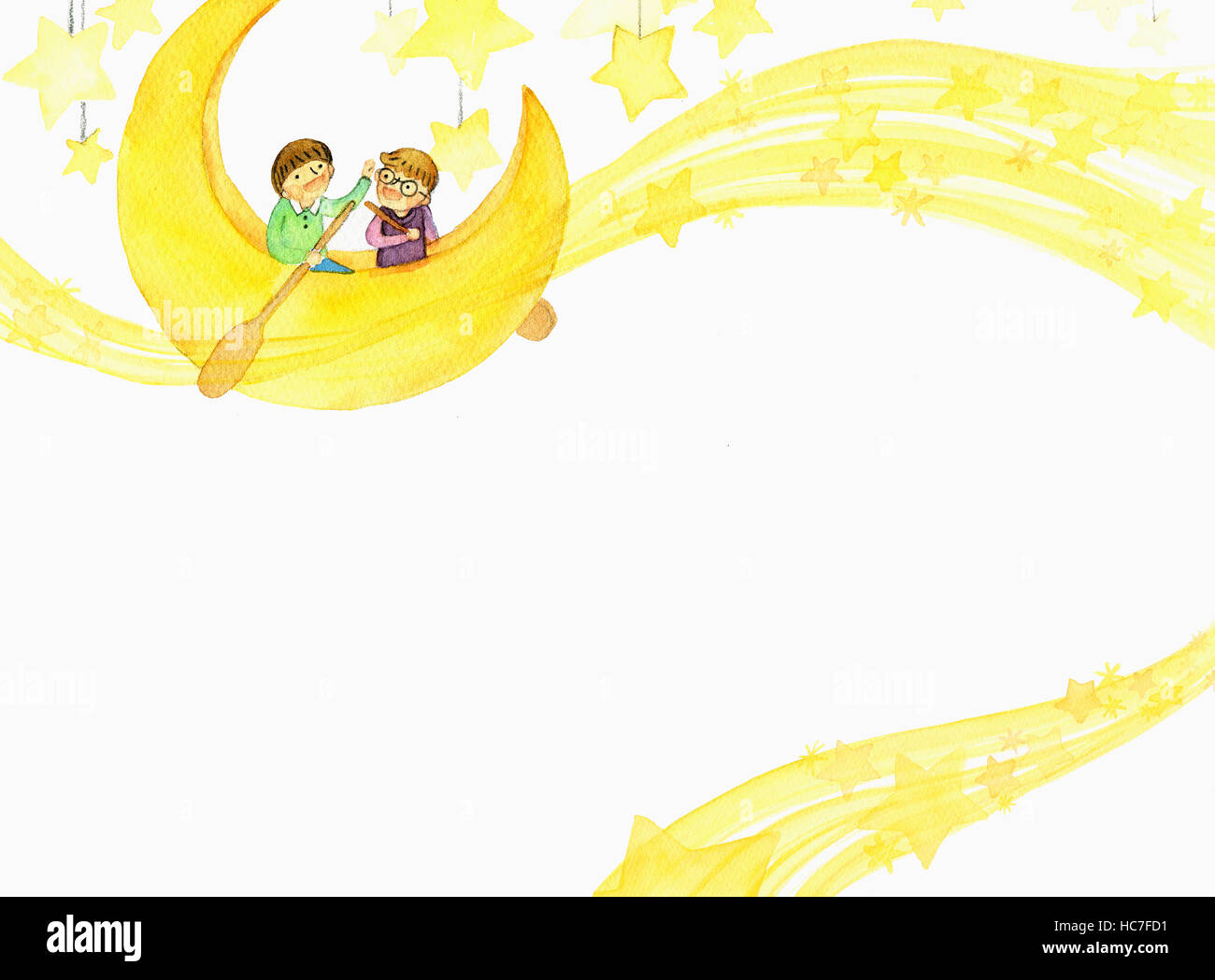 Illustration of two boys riding on the moon Stock Photo - Alamy