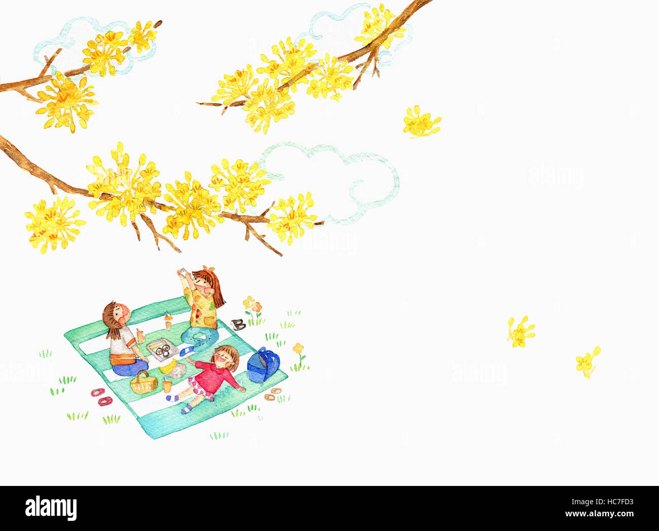 Children having a picnic under a flower tree in spring Stock Photo - Alamy