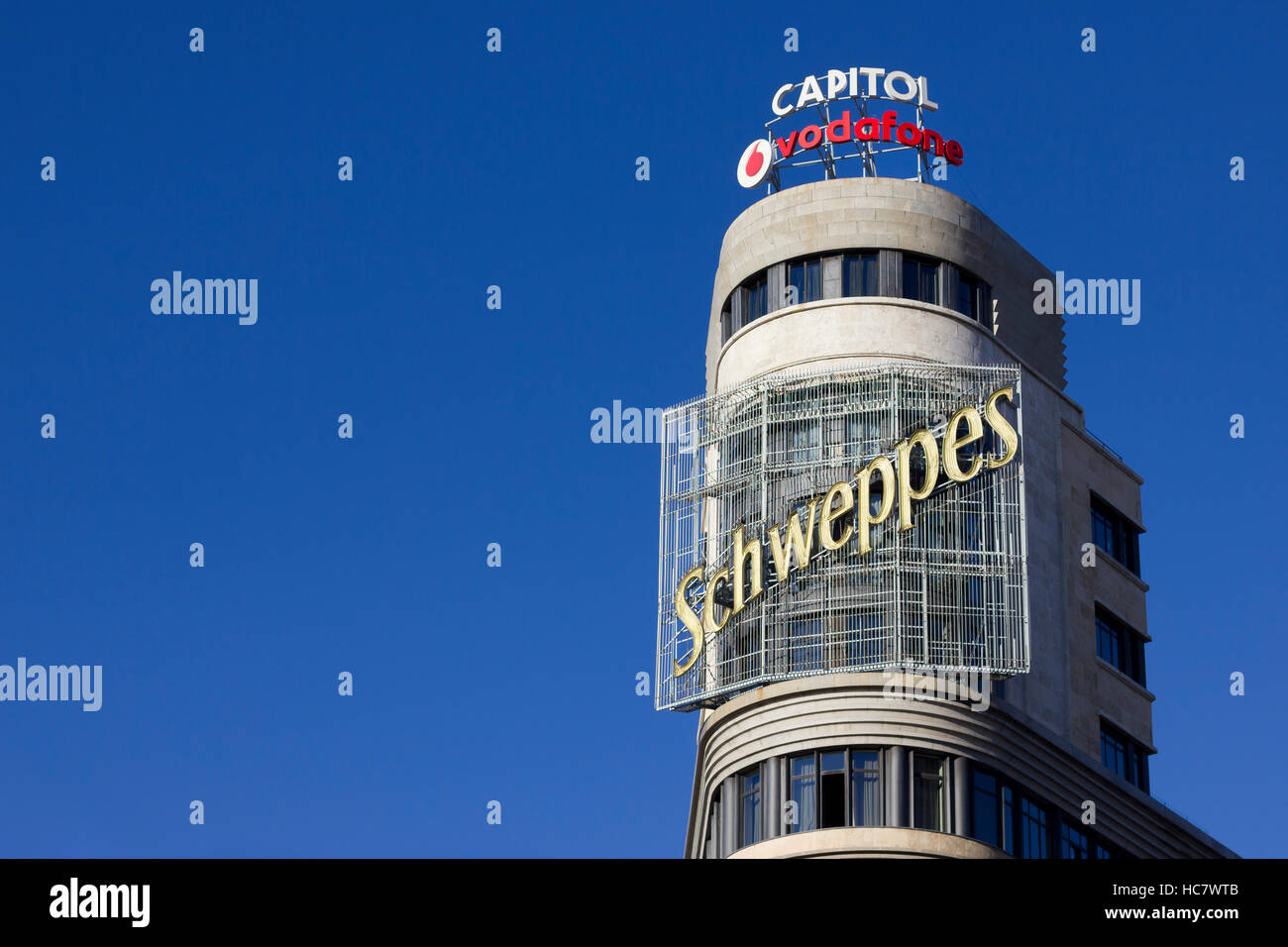 Top of Capitol building with advertisements in Madrid (Spain Stock ...