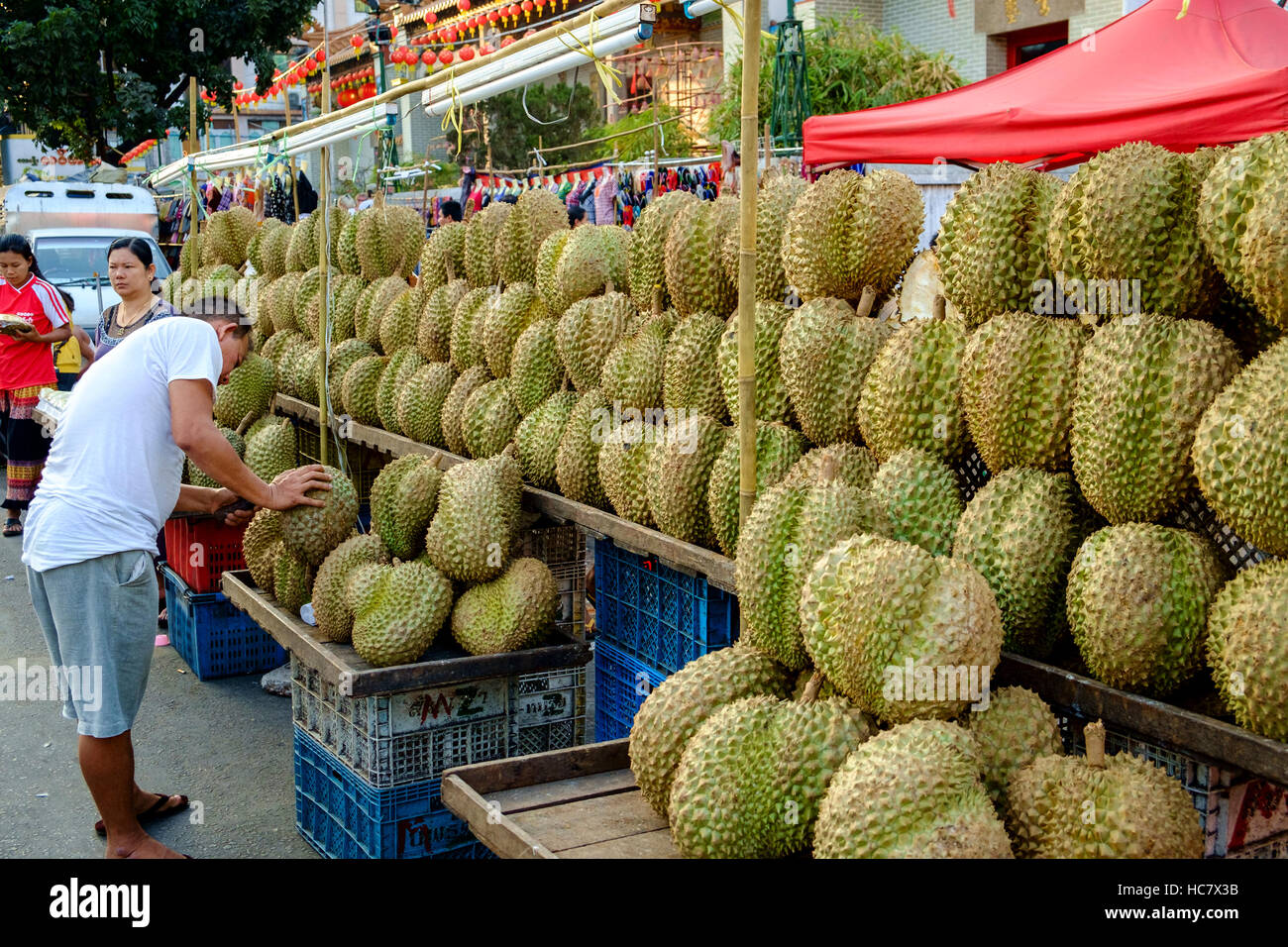 A street stall selling durian fruit (genus Durio) in downtown Yangon ...