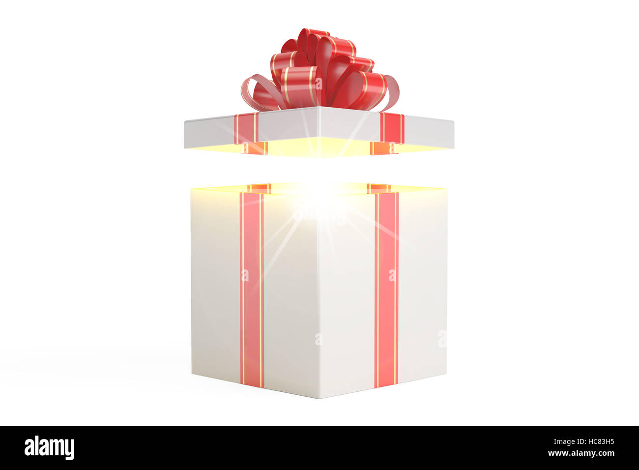 Open gift box with shiny light, 3D rendering isolated on white ...