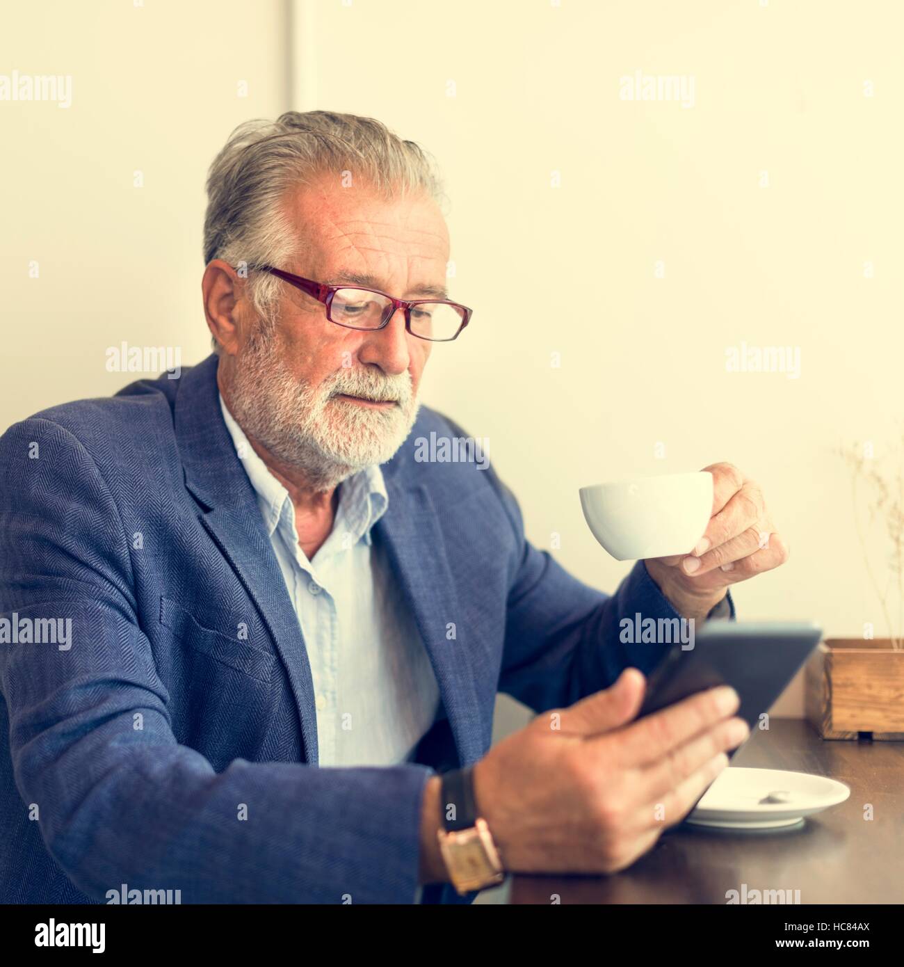 Senior Man Coffee Shop Communication Connection Technology Concept ...