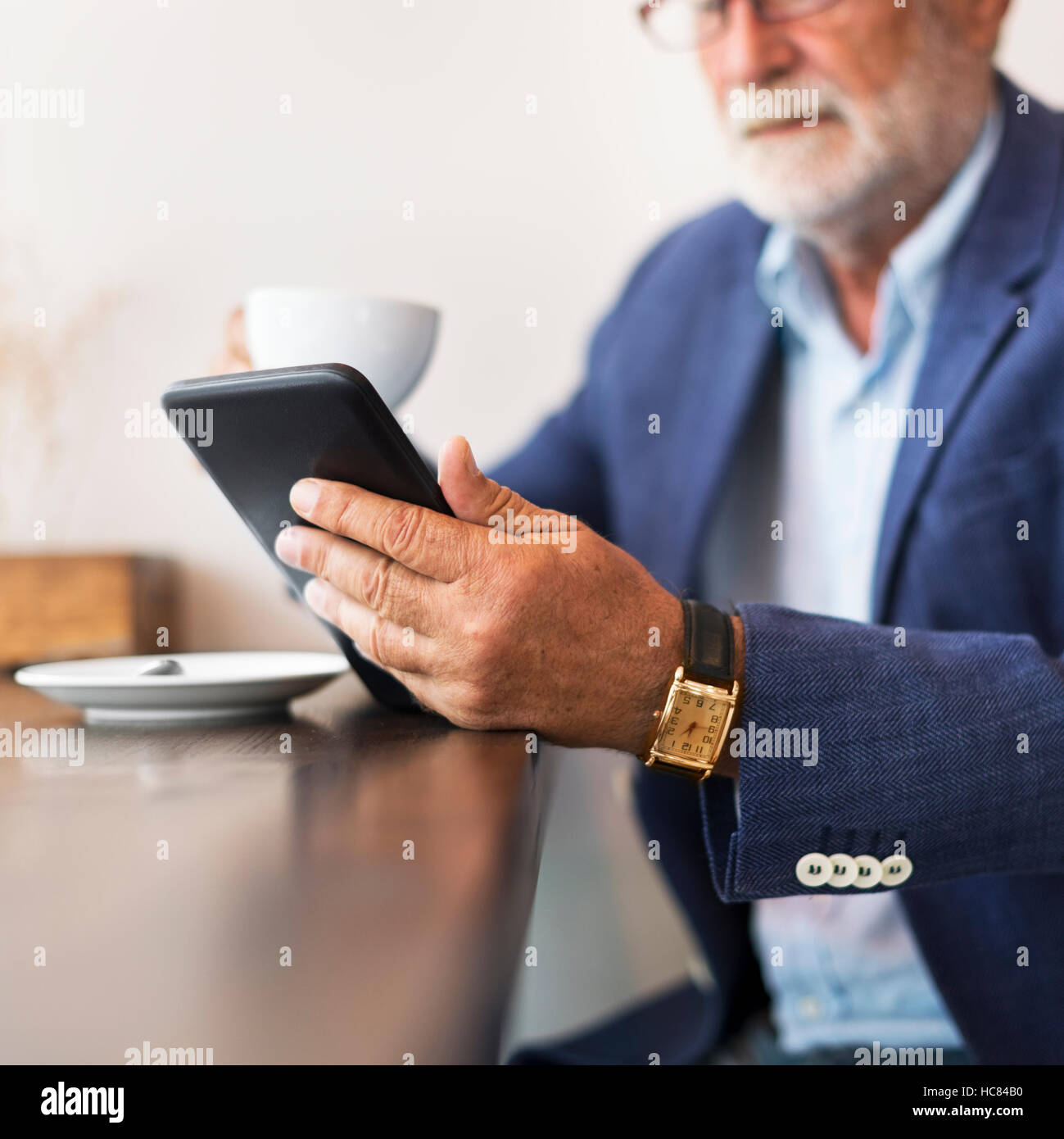 Senior Man Coffee Shop Communication Connection Technology Concept ...