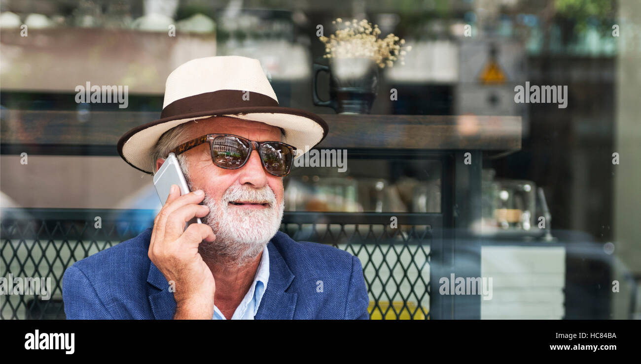 Senior Man Coffee Shop Communication Connection Technology Concept ...