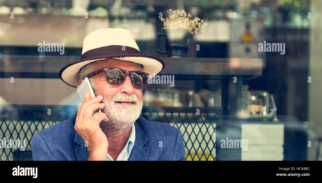 Senior Man Coffee Shop Communication Connection Technology Concept ...