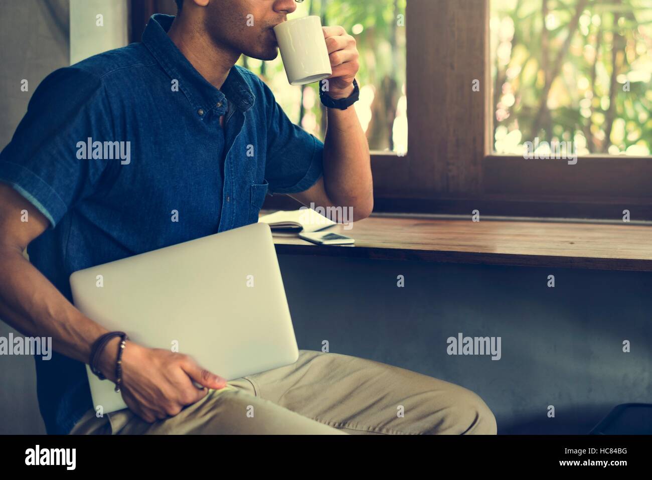 Man Working Coffee Shop Cafe Concept Stock Photo - Alamy