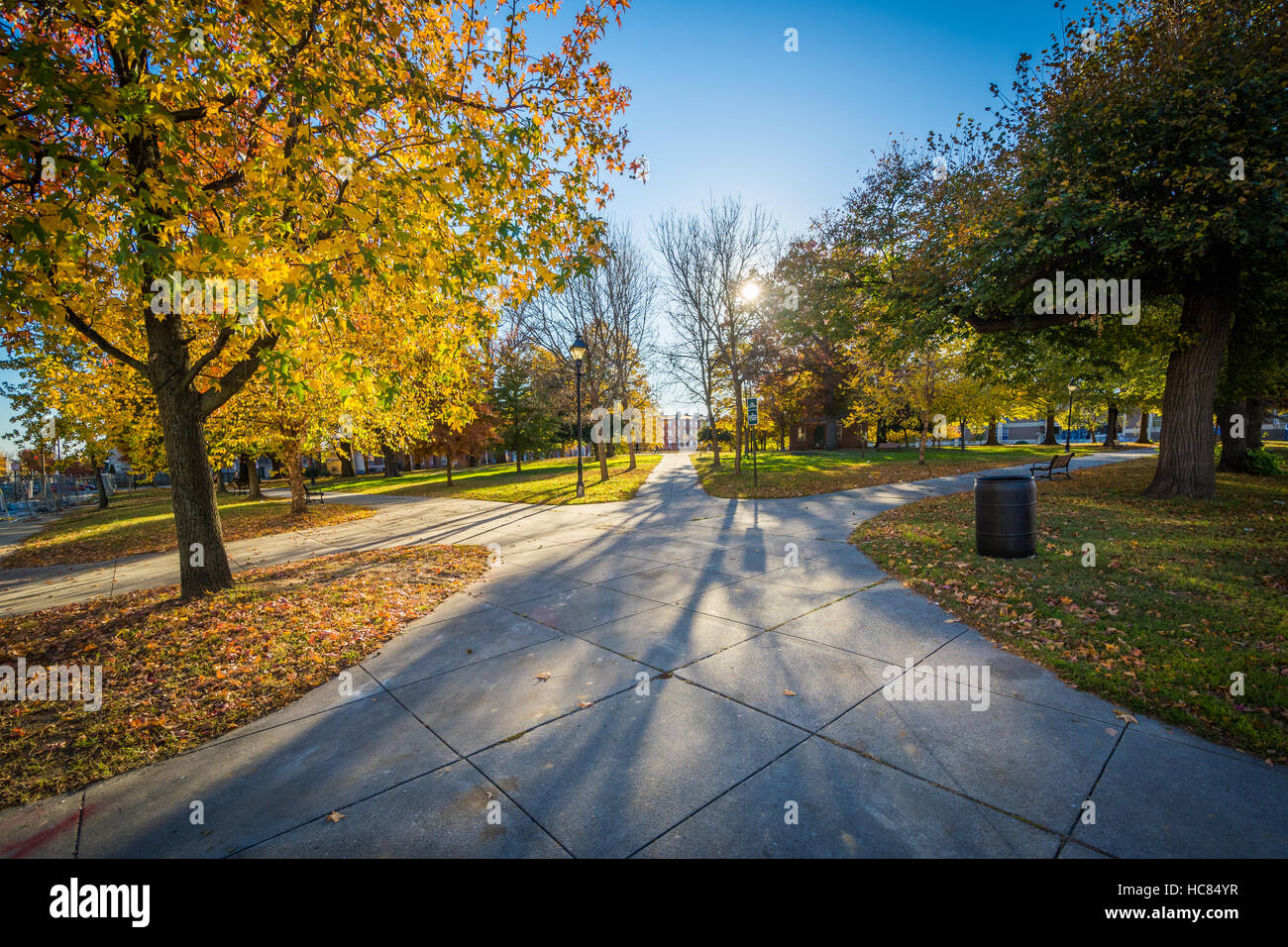 Walkway and autumn color at Franklin Square Park, in Baltimore ...