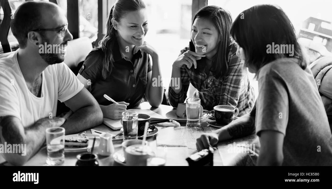 Group of friends drinking coffee Black and White Stock Photos & Images ...
