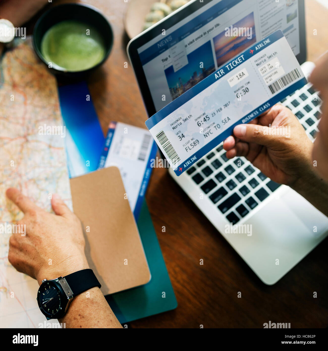Booking Flight Ticket Business Class Travel Concept Stock Photo - Alamy