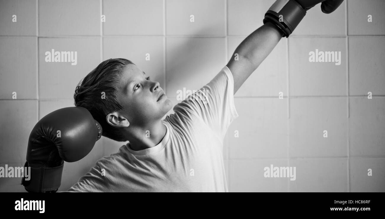 Boy Boxing Victory Confidence Posing Winning Concept Stock Photo - Alamy