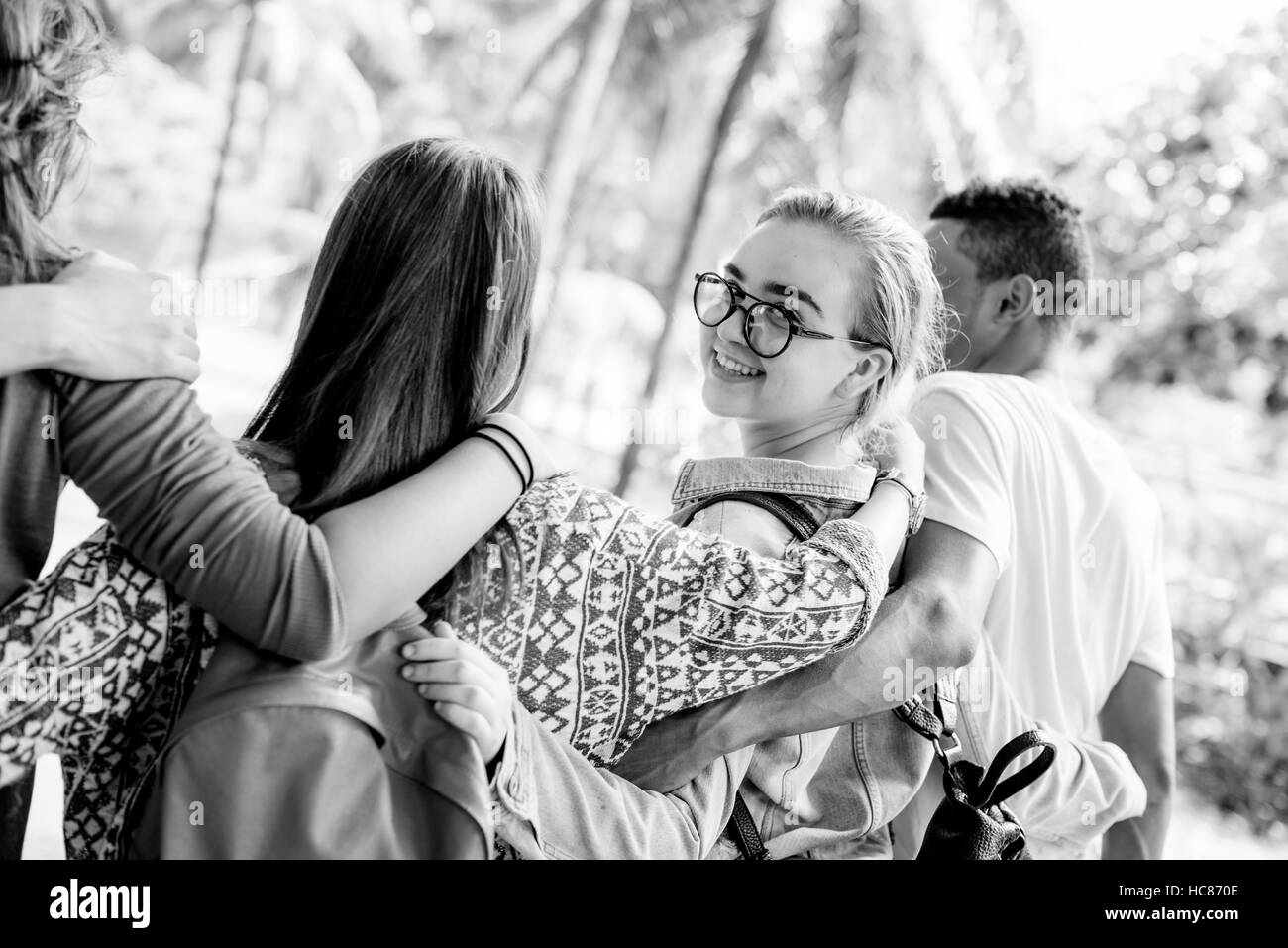 Group hug friends caucasian Black and White Stock Photos & Images - Alamy