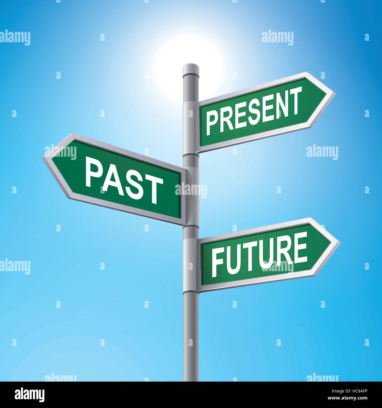 crossroad 3d vector road sign saying present and past and future Stock ...