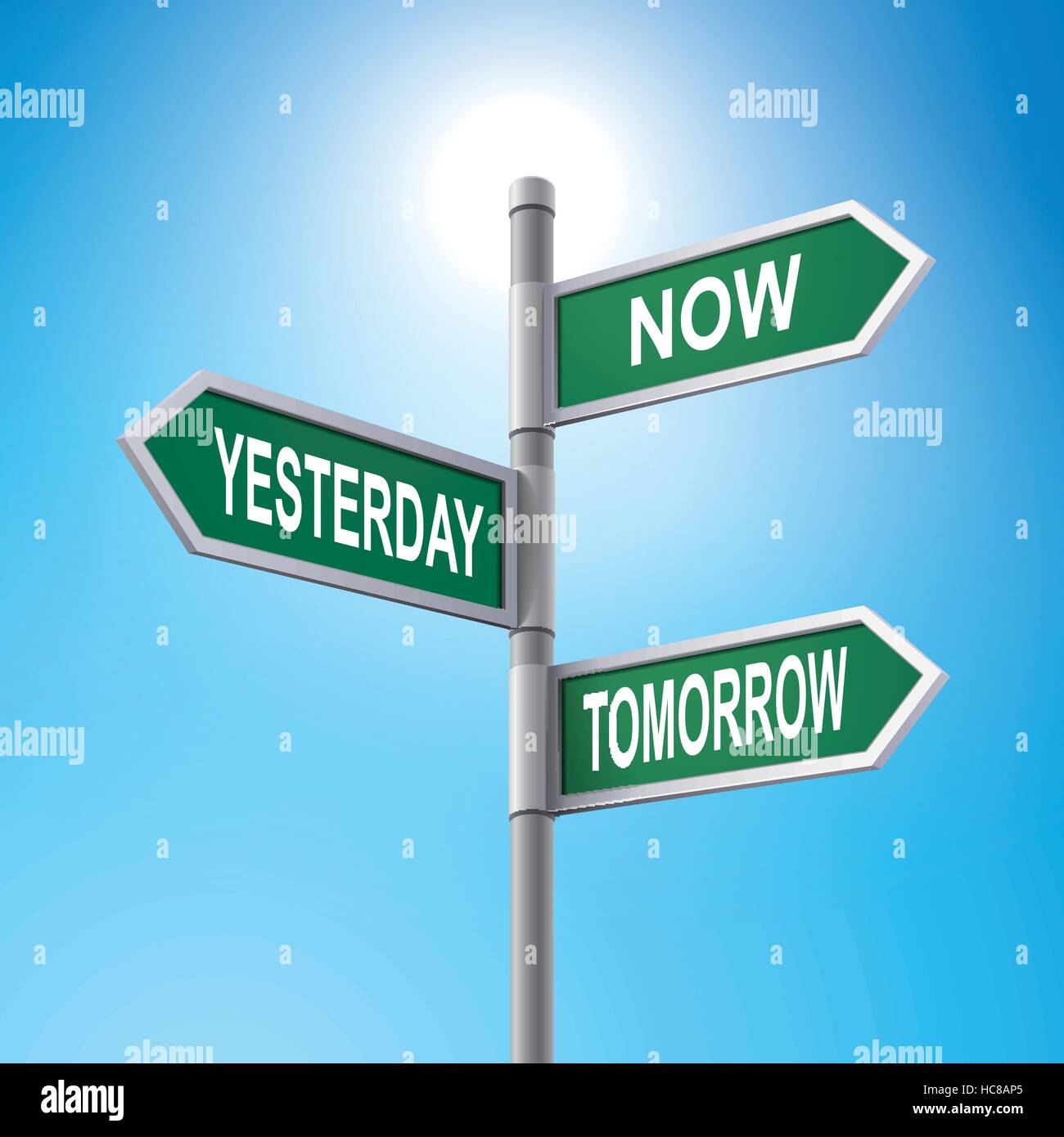 crossroad 3d vector road sign saying now and yesterday and tomorrow ...