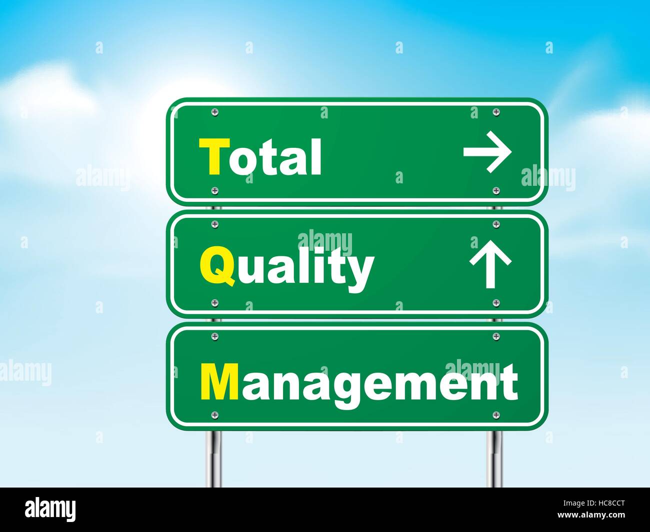 3d total quality management road sign isolated on blue background Stock ...