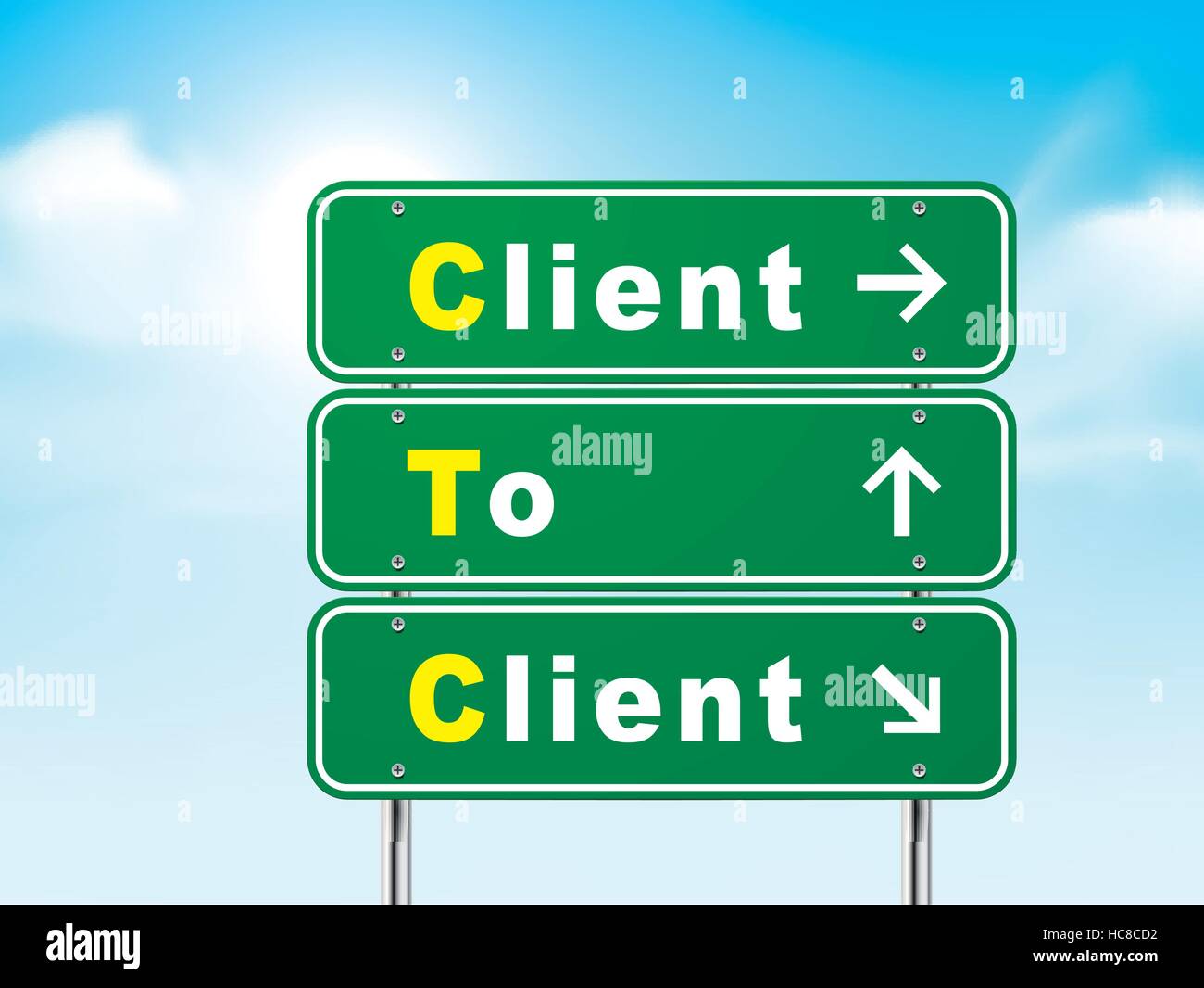 3d road sign with client to client isolated on blue background Stock ...