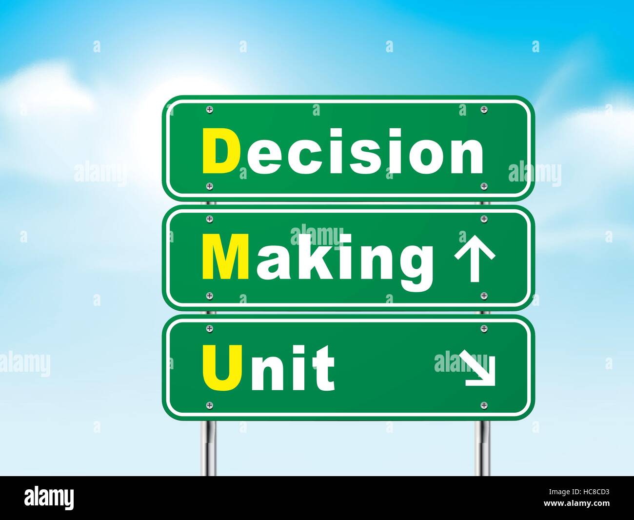 3d road sign with decision making unit isolated on blue background ...