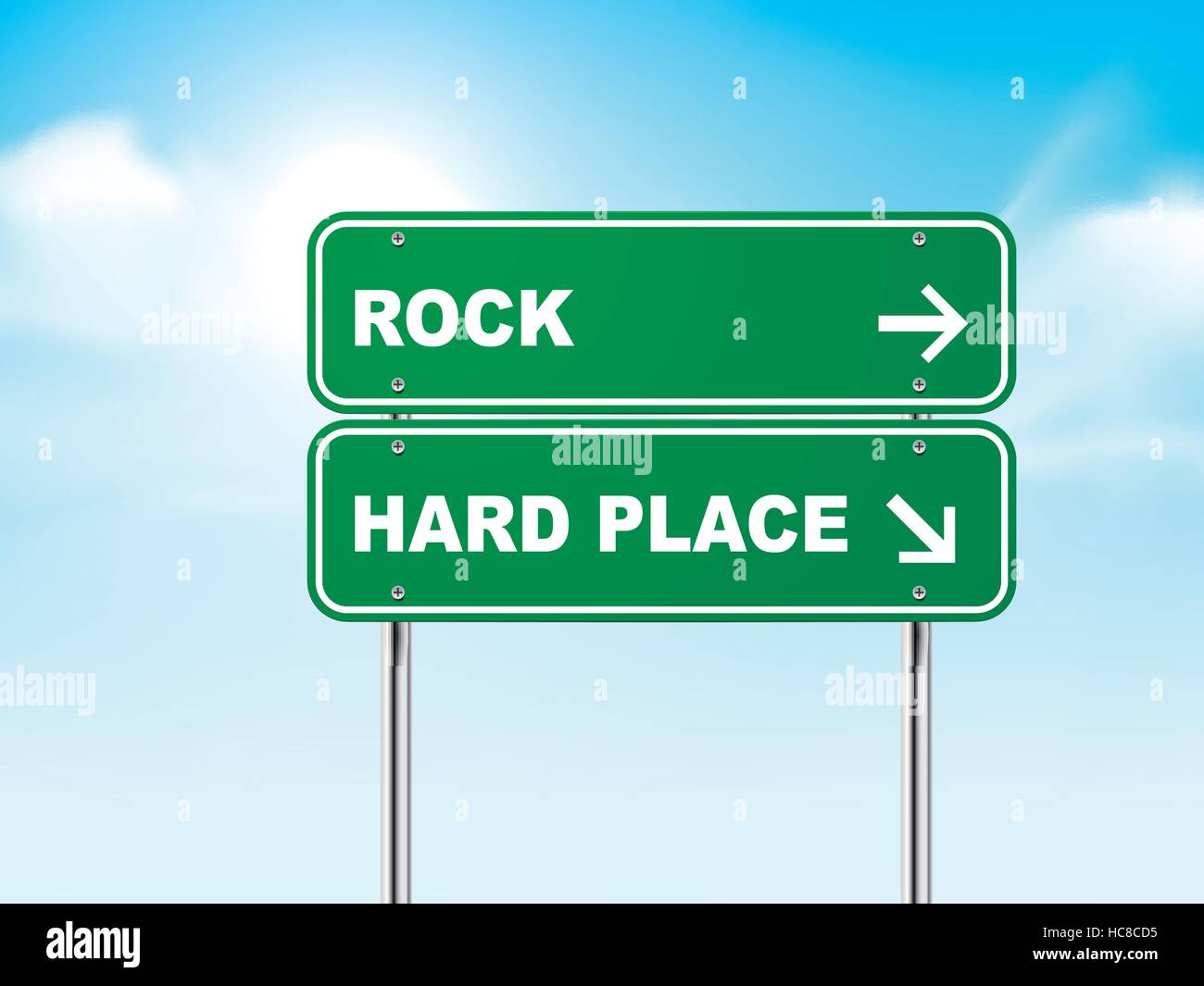 3d road sign with rock and hard place isolated on blue background Stock ...