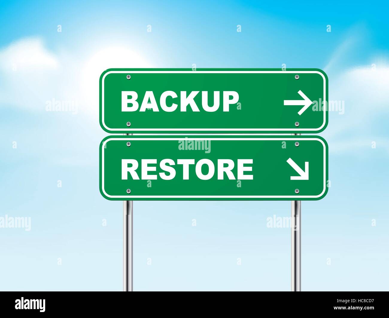 3d road sign with backup and restore isolated on blue background Stock ...