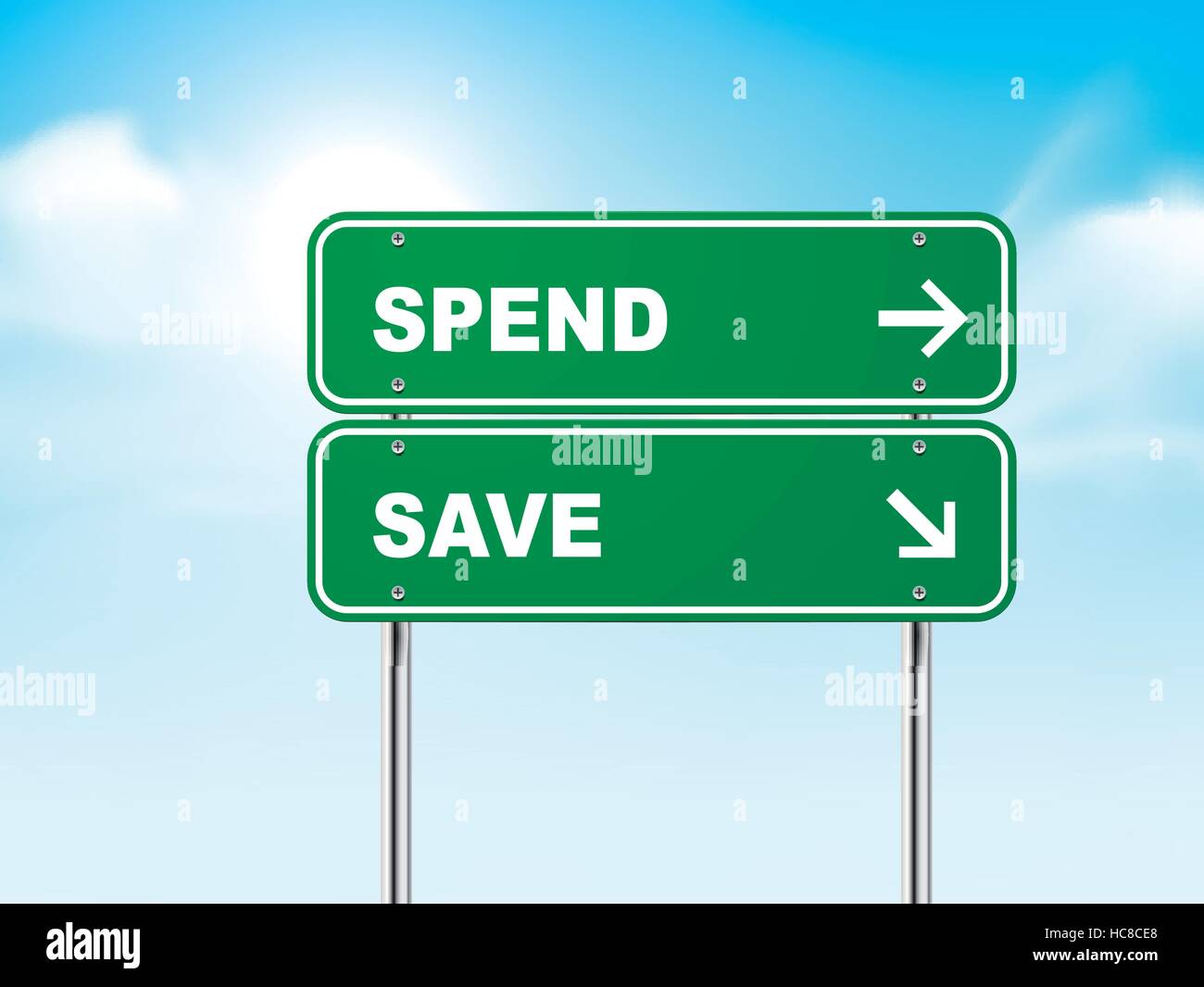 3d road sign with spend and save isolated on blue background Stock ...