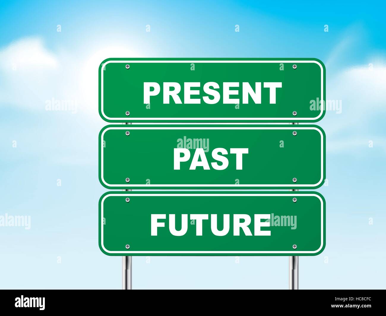 3d road sign with present, past and future isolated on blue background ...