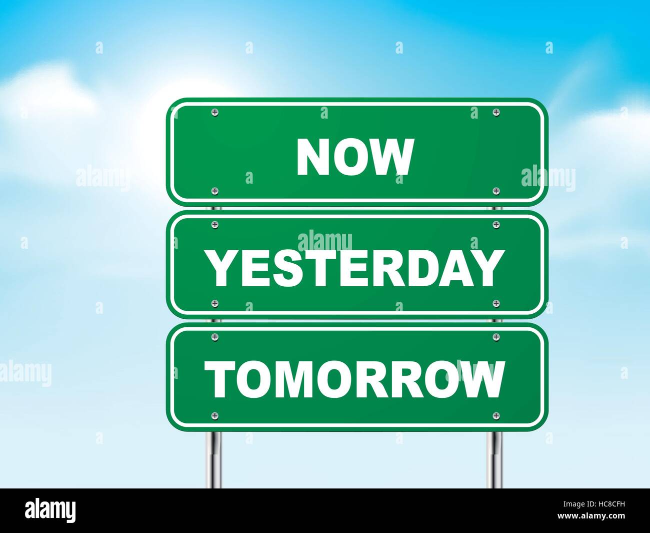 3d road sign with now, yesterday and tomorrow isolated on blue ...