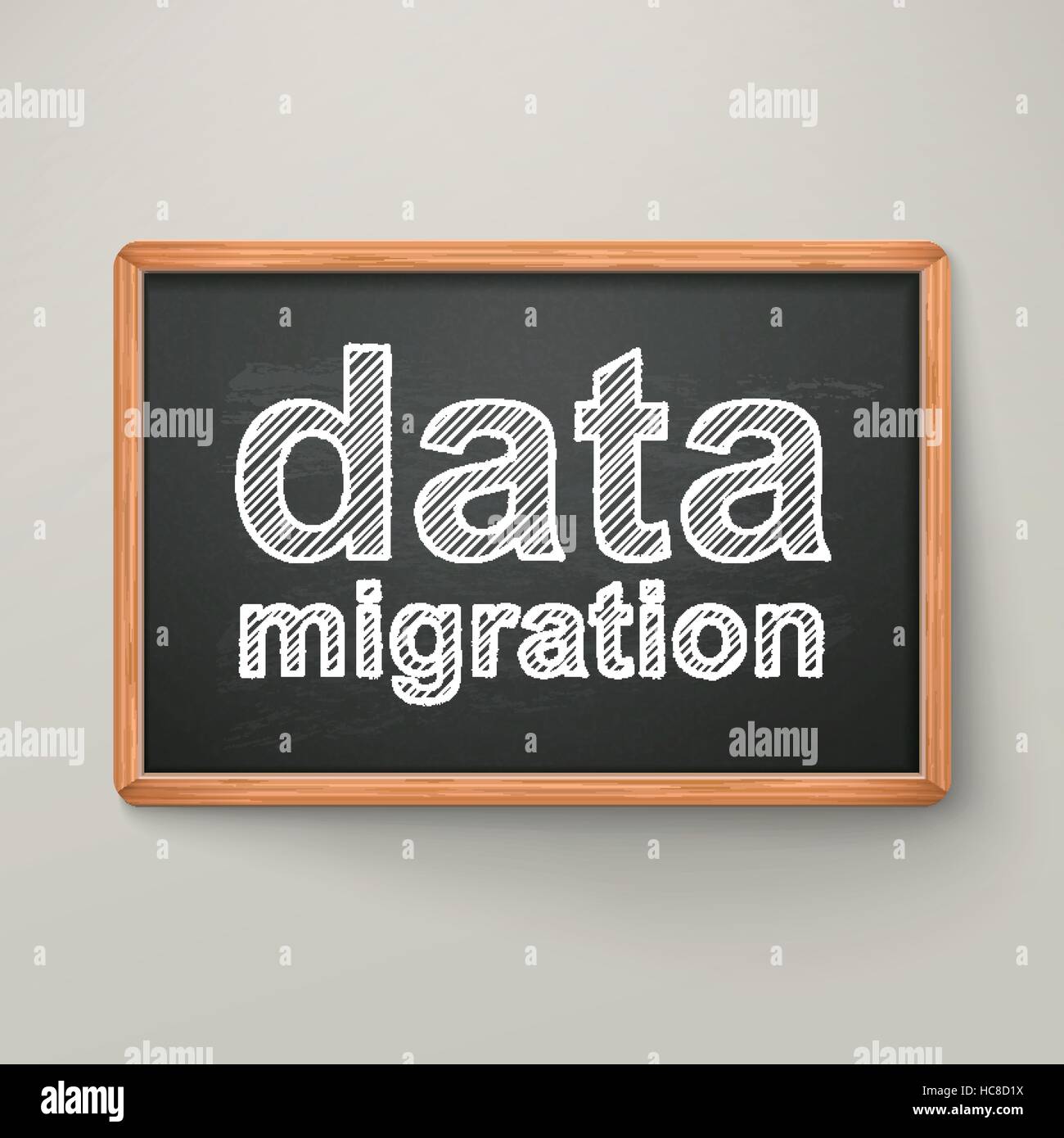 data migration on blackboard in wooden frame isolated over grey Stock ...