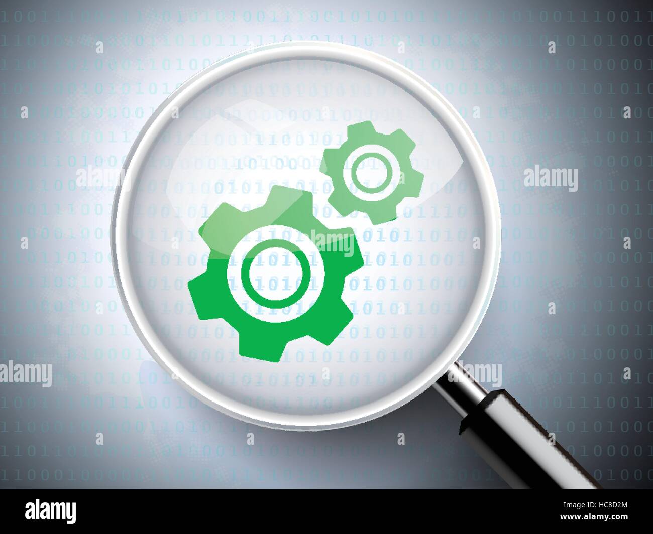magnifying glass with gears icon for advertising concept Stock Vector ...